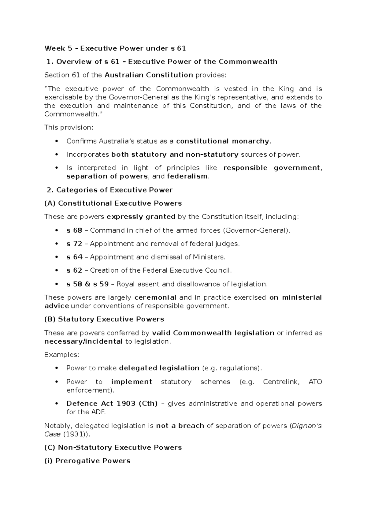 Week 5 Con Law - Overview of Executive Power under s 61 - Studocu