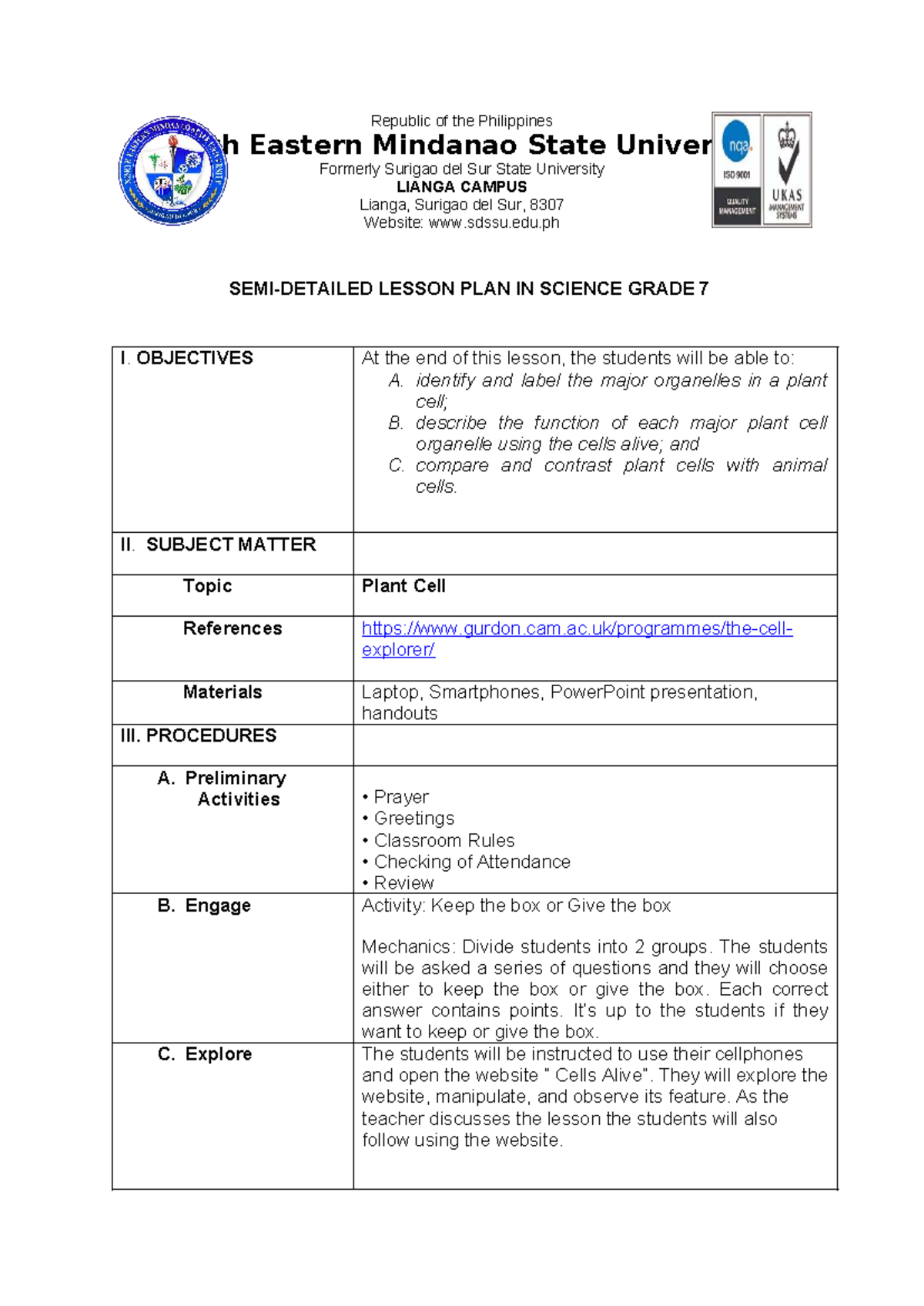 Grade 7 Science Lesson Plan: Plant Cell Organelles and Functions - Studocu