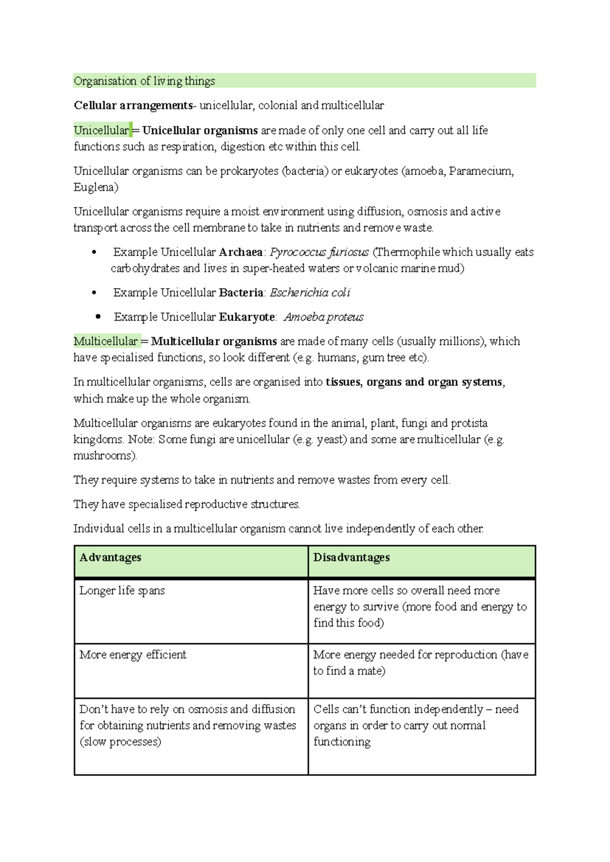 Biology 101: Organisation of Living Things - Summary Notes - Studocu