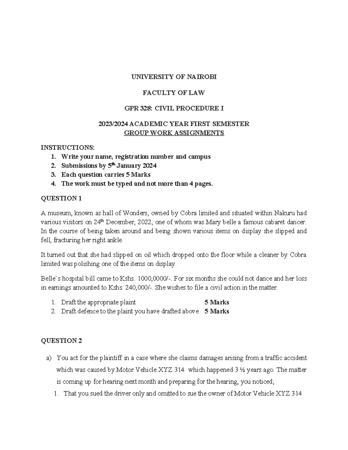 UON Civil Procedure CAT 2. Group WORK Assignments - UNIVERSITY OF ...