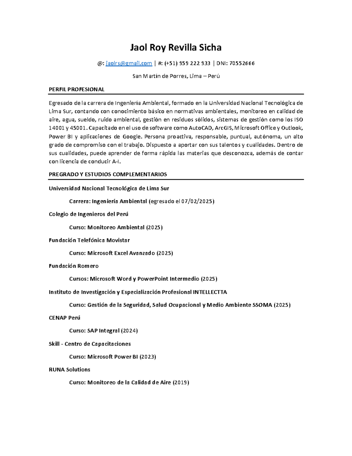 CV - Jaol Roy Revilla Sicha - Ingeniería Ambiental Egresado - Studocu