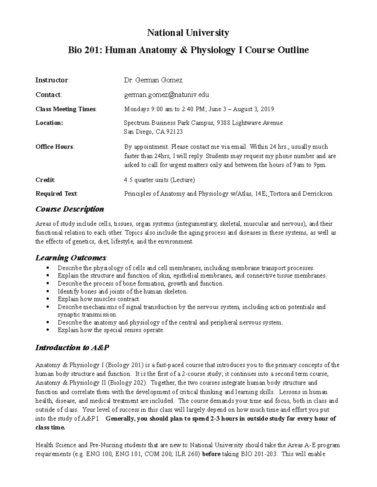 BIO201 Syllabus: Human Anatomy & Physiology I Course Overview - Studocu