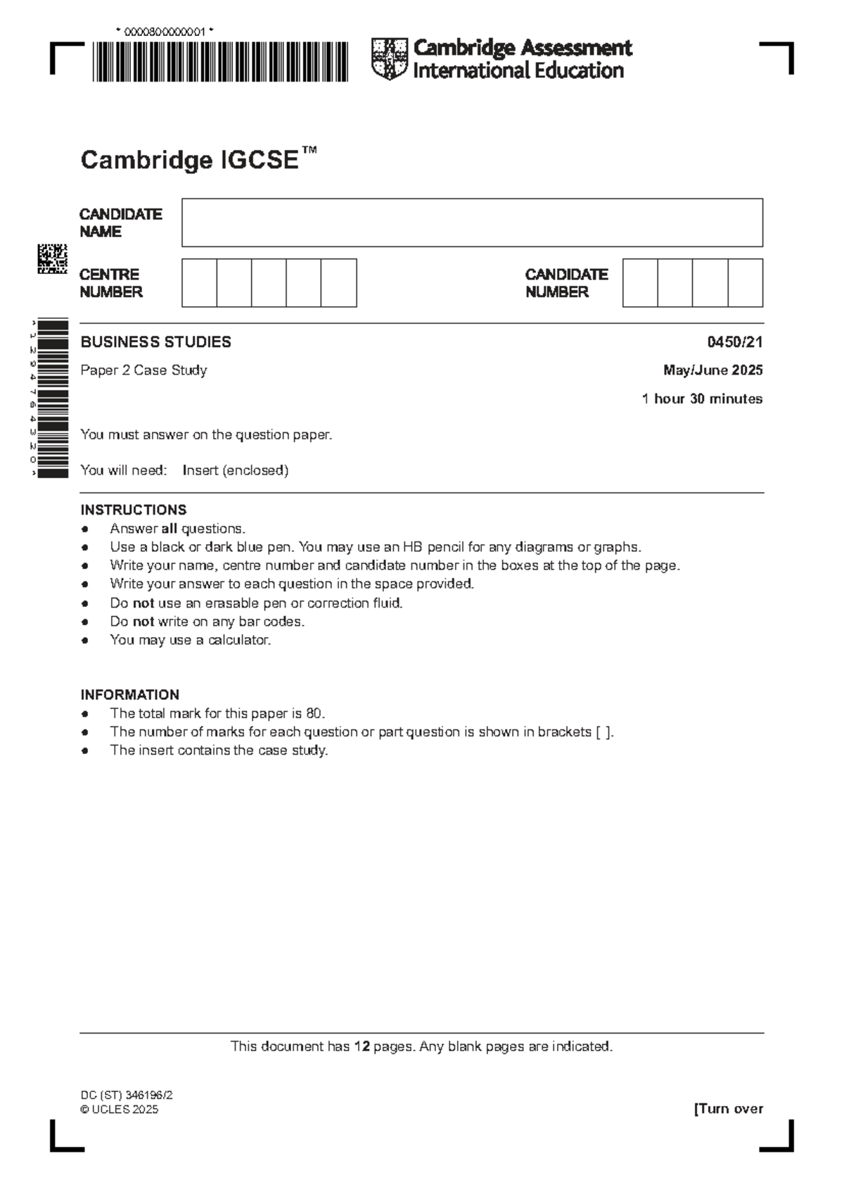 Cambridge 5EuEU 0450 Business Studies Paper 2 Case Study 2025 - Studocu