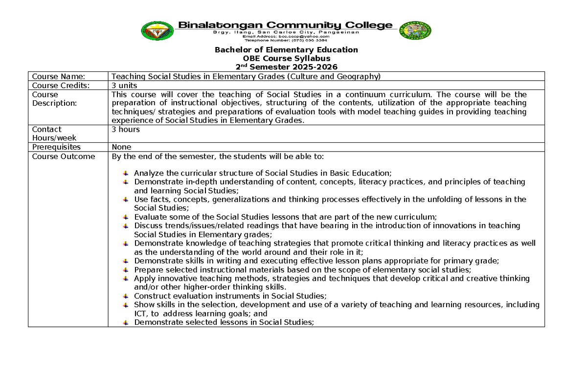 BEED 2nd Sem: Teaching Social Studies Syllabus (Culture & Geography ...