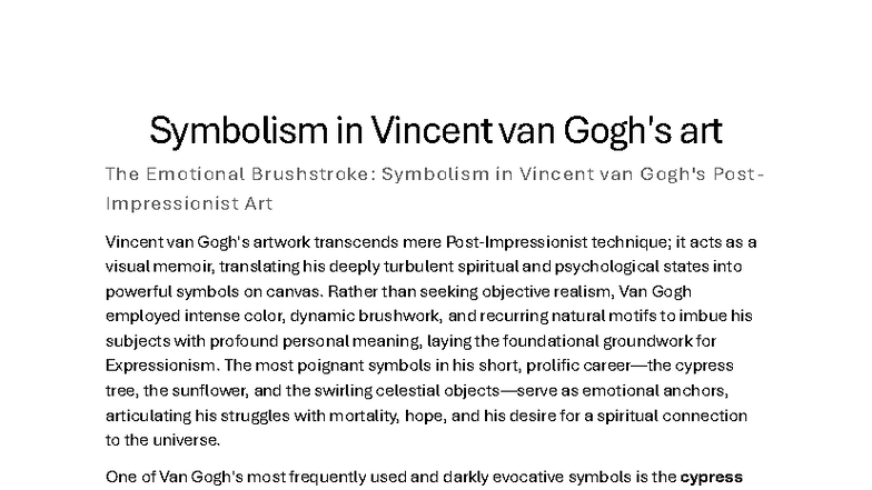 Symbolism in Vincent van Gogh's Art: Emotional Brushstrokes - Studocu