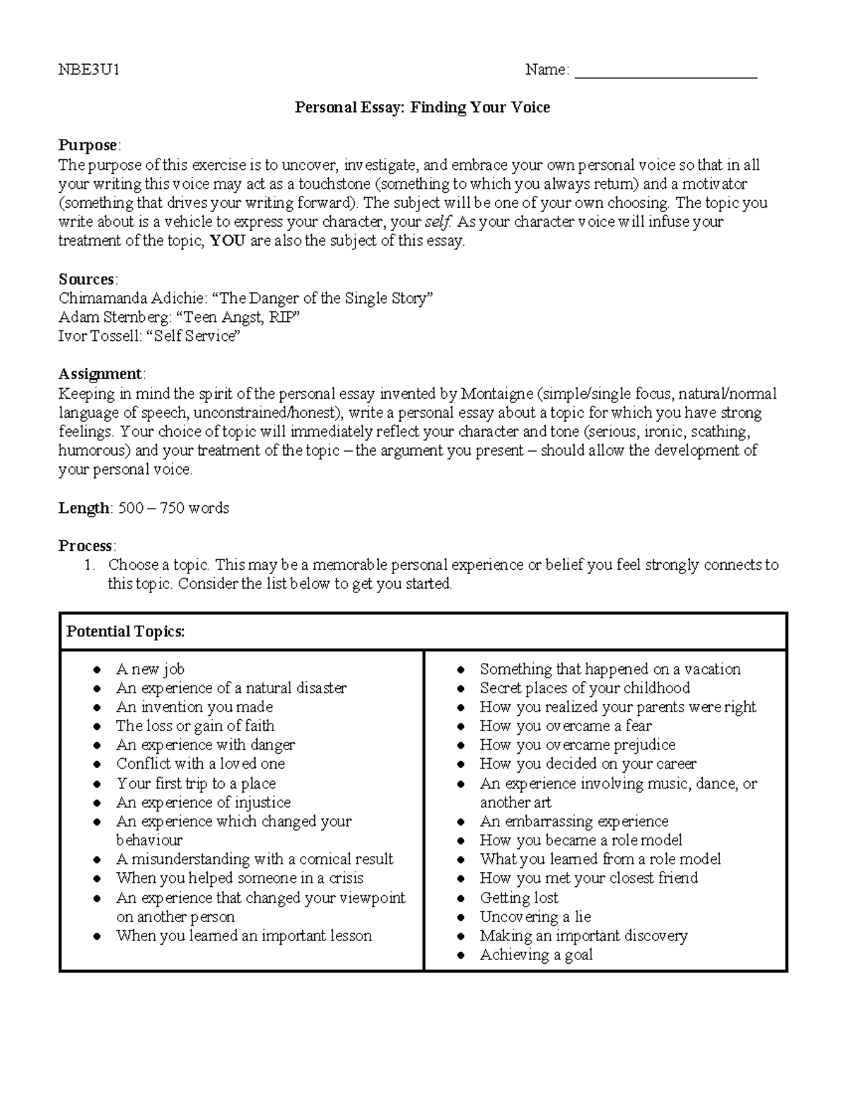 NBE3U Personal Essay Assignment: Finding Your Voice (2024) - Studocu
