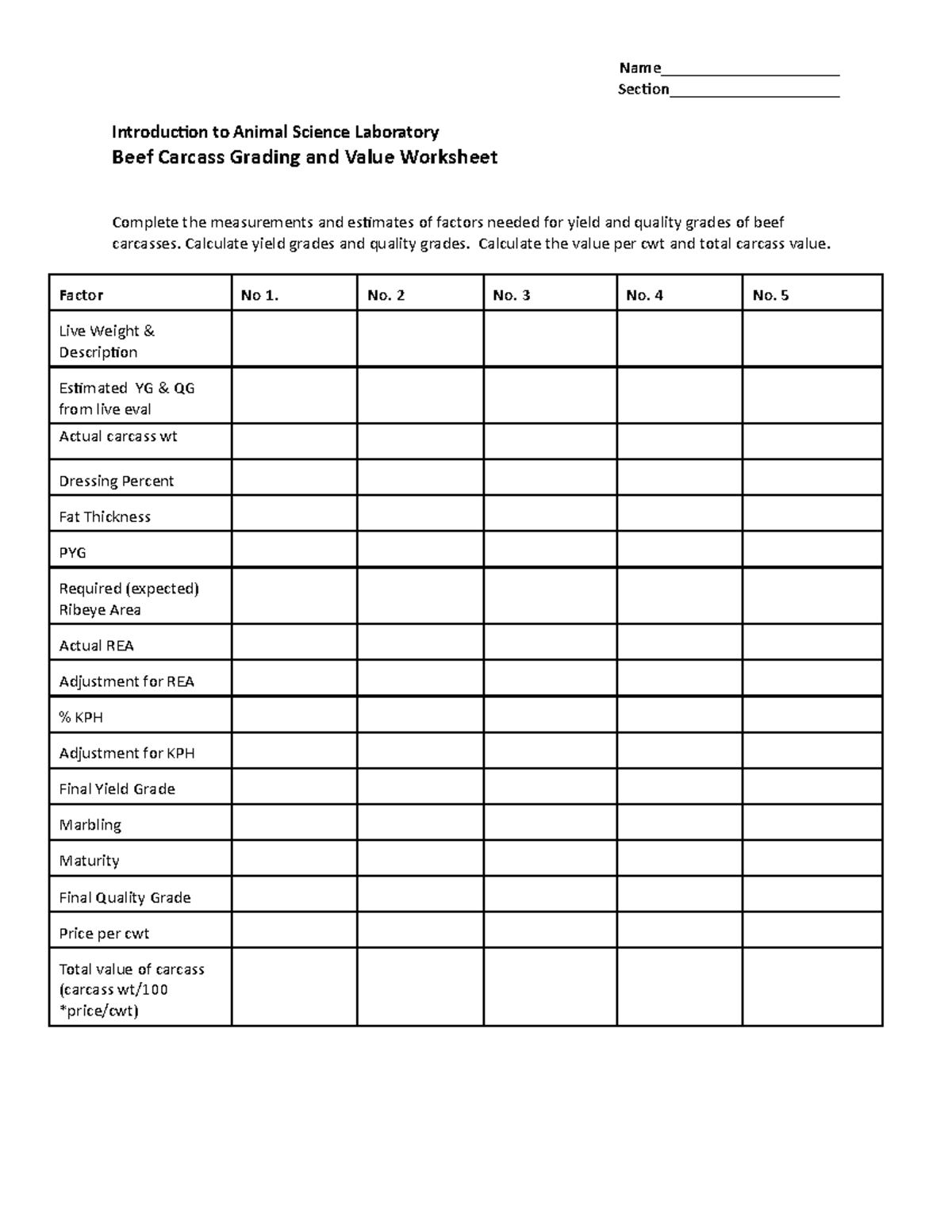 Beef Carcass Grading & Value Worksheet (ANSC 2021) - Studocu