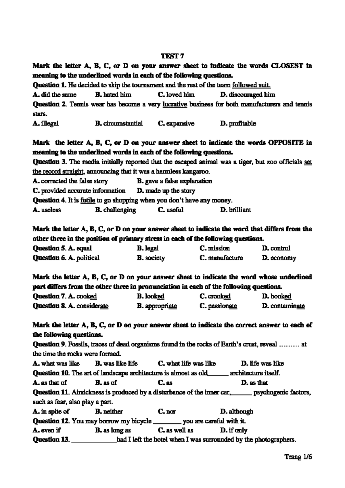 TEST 7 Vocabulary and Comprehension Questions - Anti Copy - Studocu