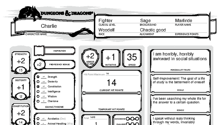 DND Character Sheet: Fighter Sage Marlinde (Woodelf) - Studeersnel