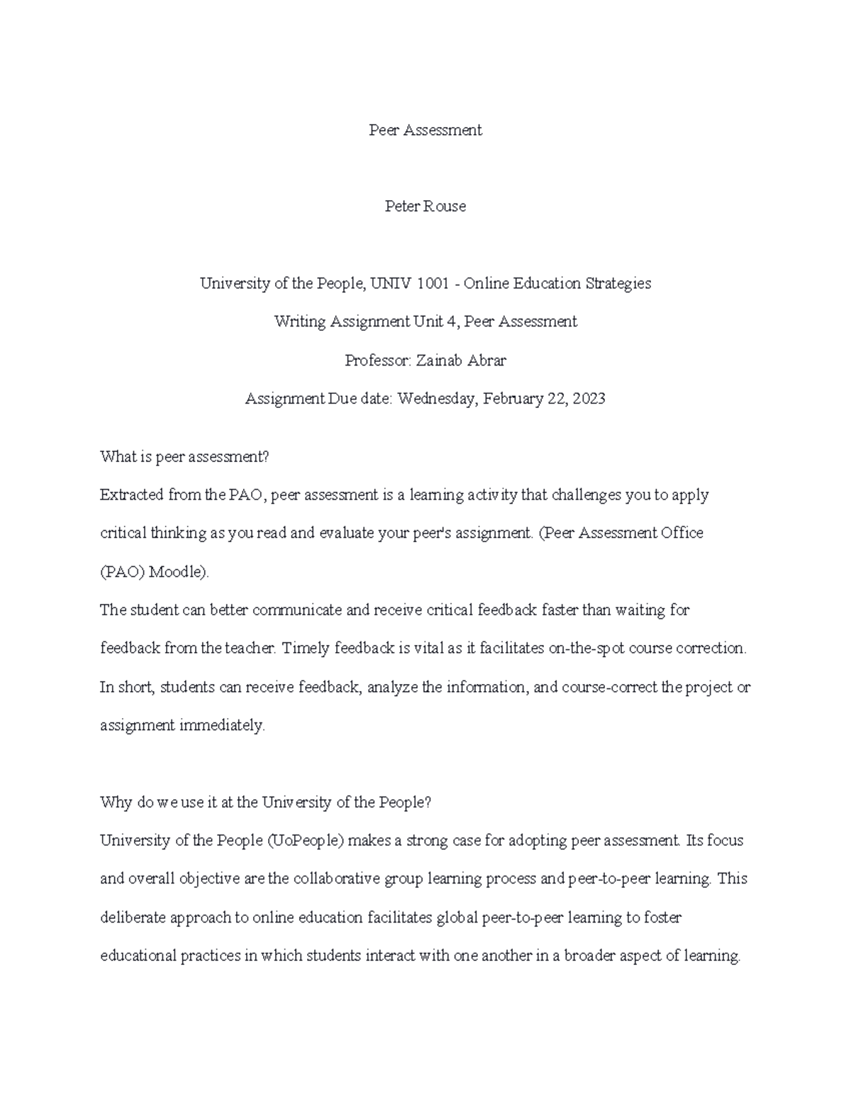 UNIV 1001 - Unit 4 Peer Assessment Writing Assignment Guide - Studocu