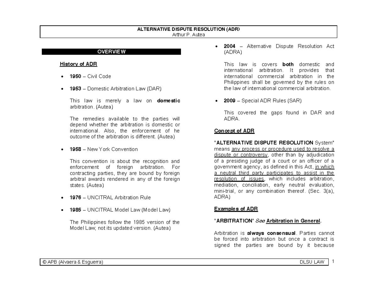 ADR UST NOTES S - Arthur P. Autea © APB (Alvaera & Esguerra) DLSU LAW 1 ...