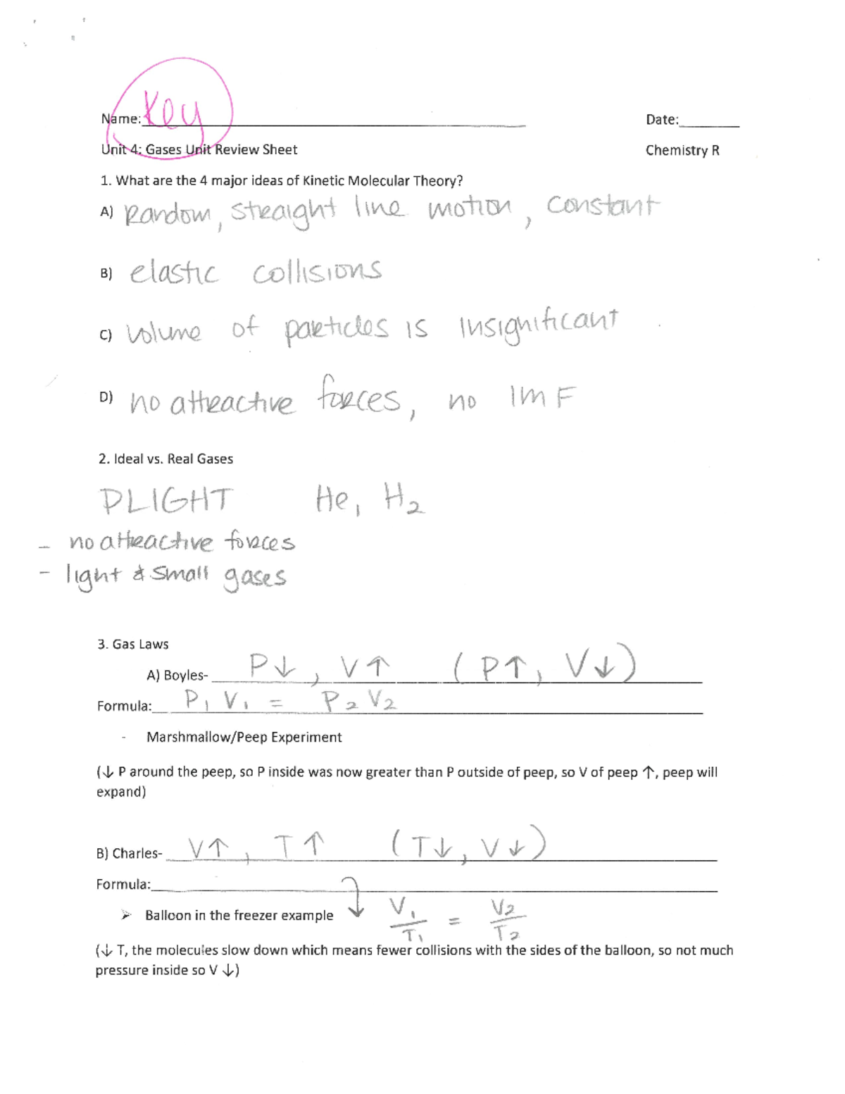 Gases review sheet answer key - Name: Key Date: Unit 4: Gases Unit ...