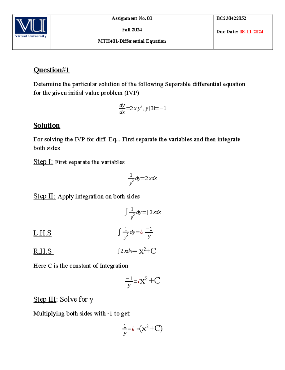 MTH401 Assignment No. 1-BC230422052 - Question# ####### Determine the particular solution of the ...