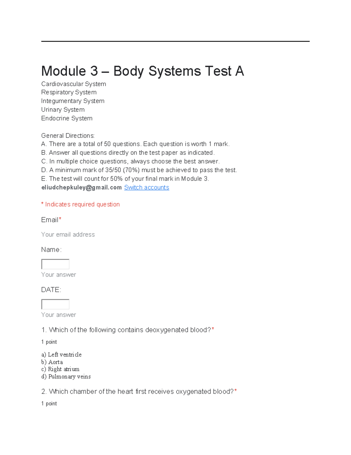 Module 3 Anatomy Exam: Body Systems Test A with 50 Questions - Studocu