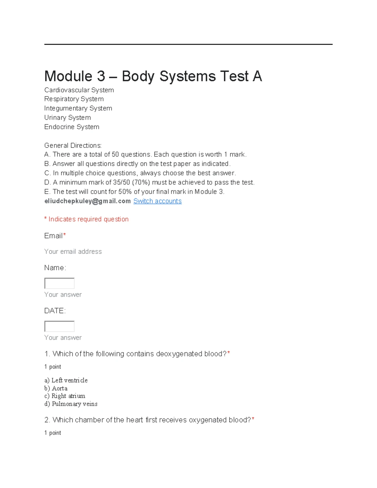 Module 3 Body Systems Test B - Exam Guide and Directions - Studocu
