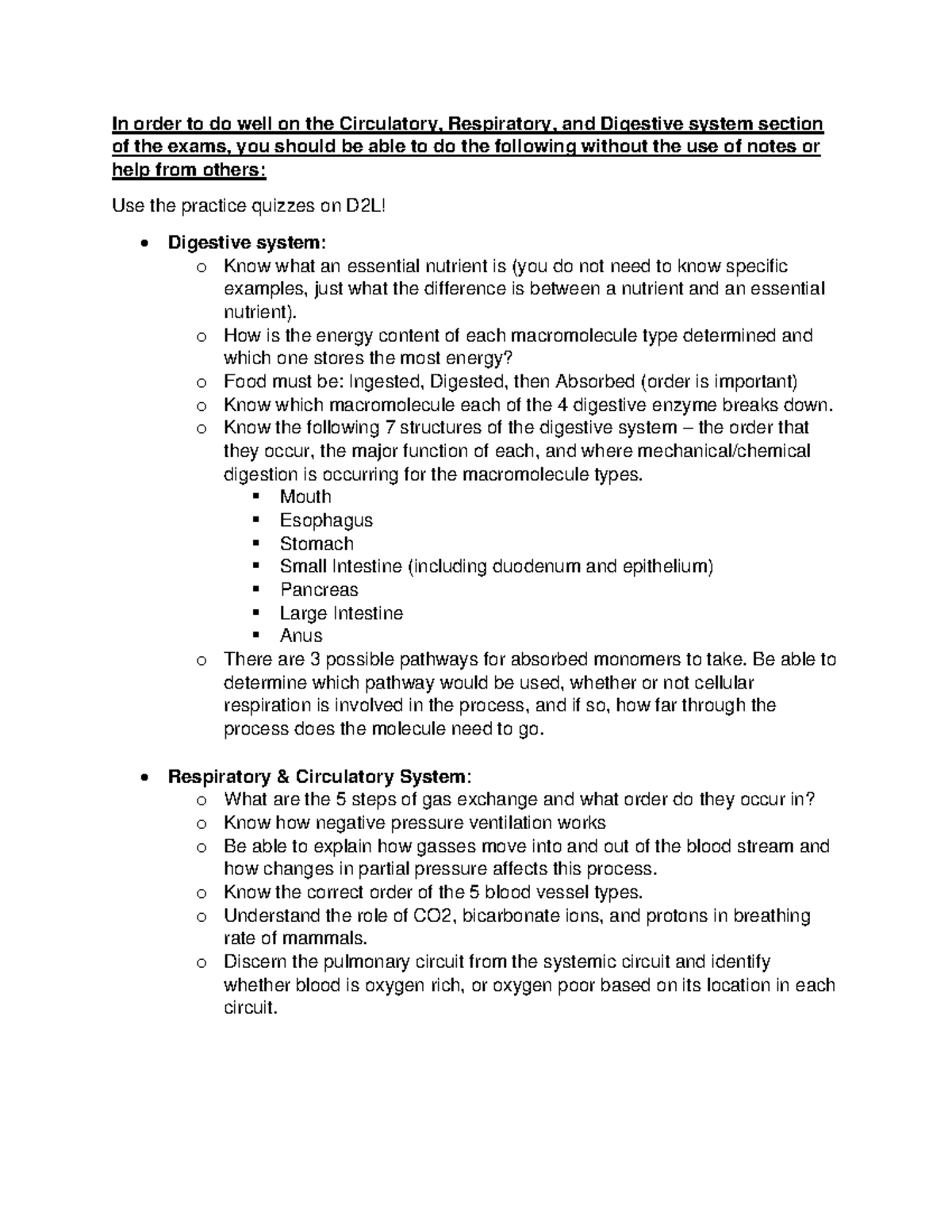 Final Exam Study Guide: Circulatory, Respiratory, and Digestive Systems ...