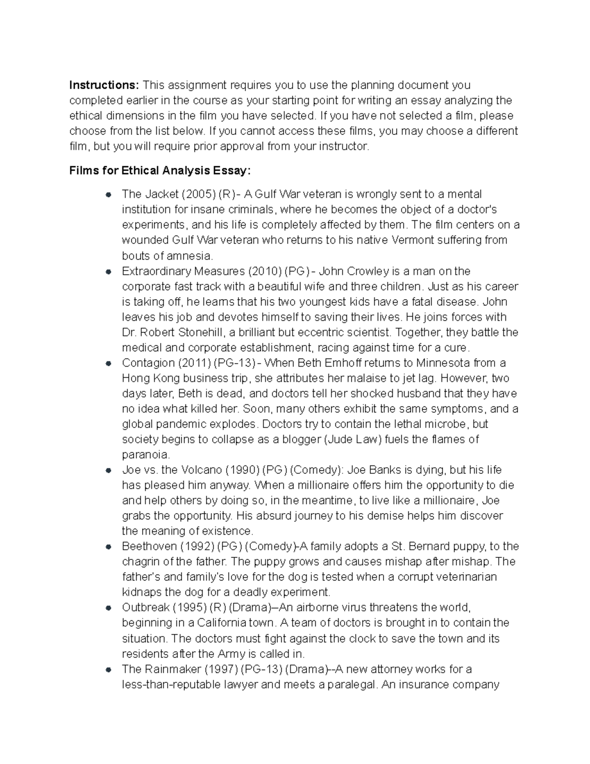 PHL2205 Ethical Analysis Essay Guidelines and Film Selections - Studocu