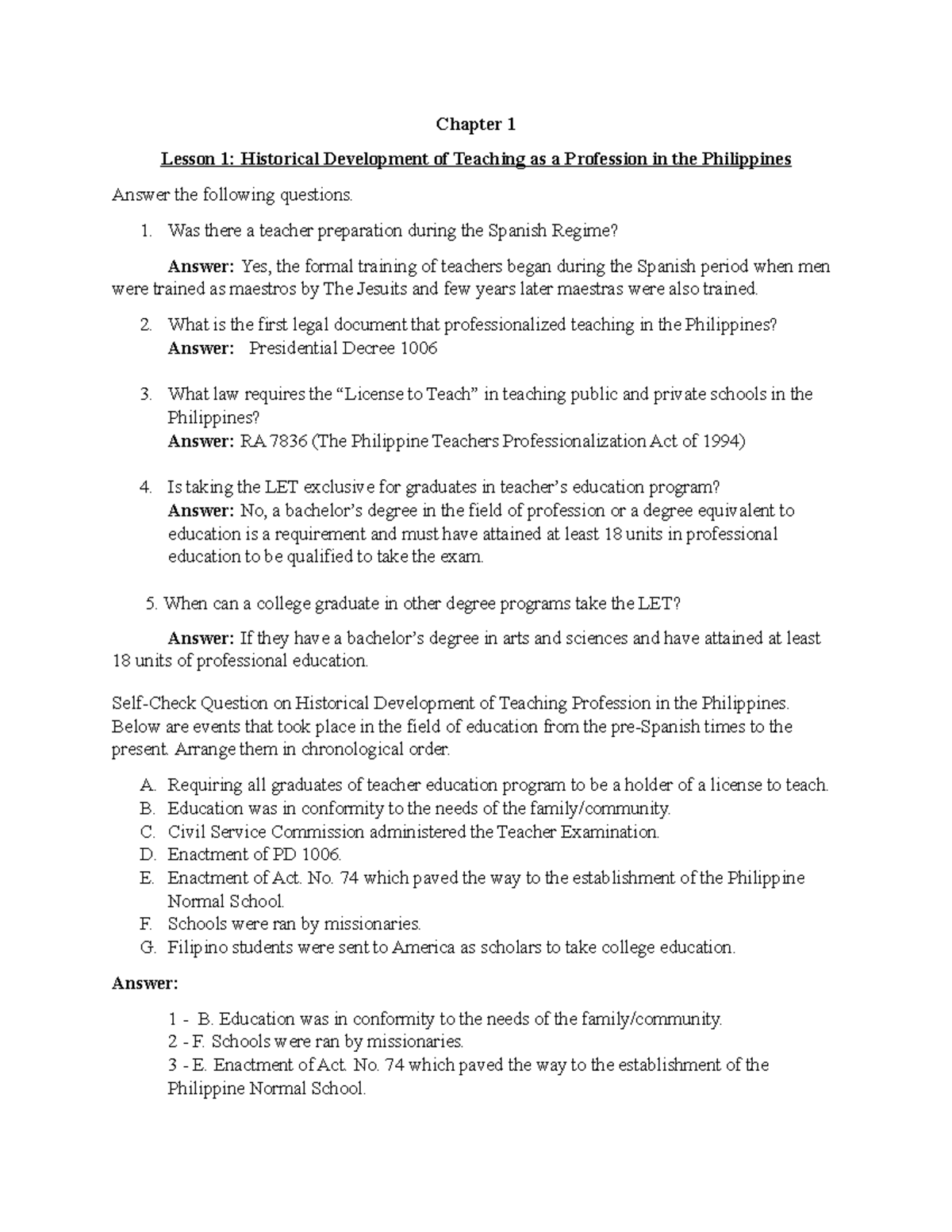 Answersheet Historical Development of Teaching as a Profession in the ...