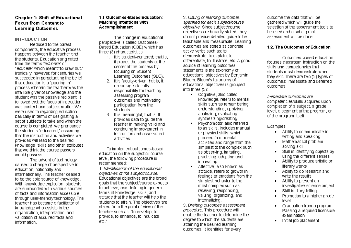 Chapter 1: Shift from Content to Learning Outcomes in Education - Studocu