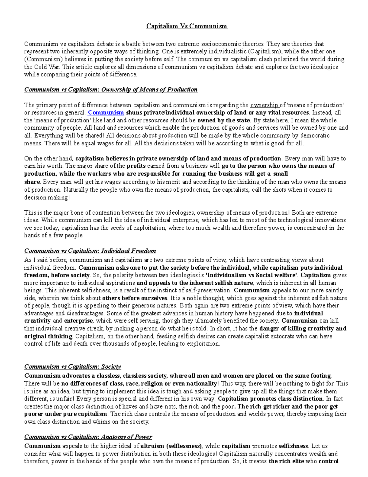 Comparative Analysis of Communism and Capitalism: Key Concepts and ...