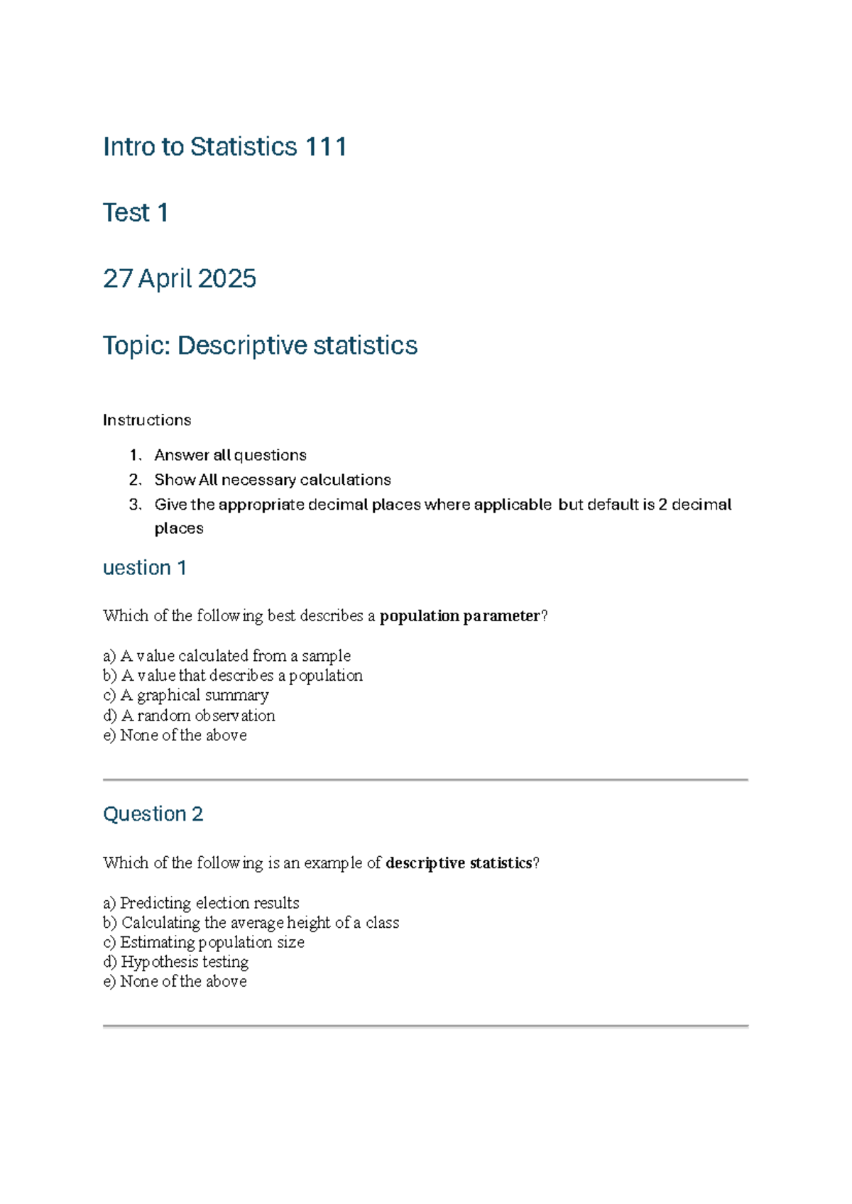 Statistics 111 Test 1: Descriptive Statistics Exam Questions - Studocu
