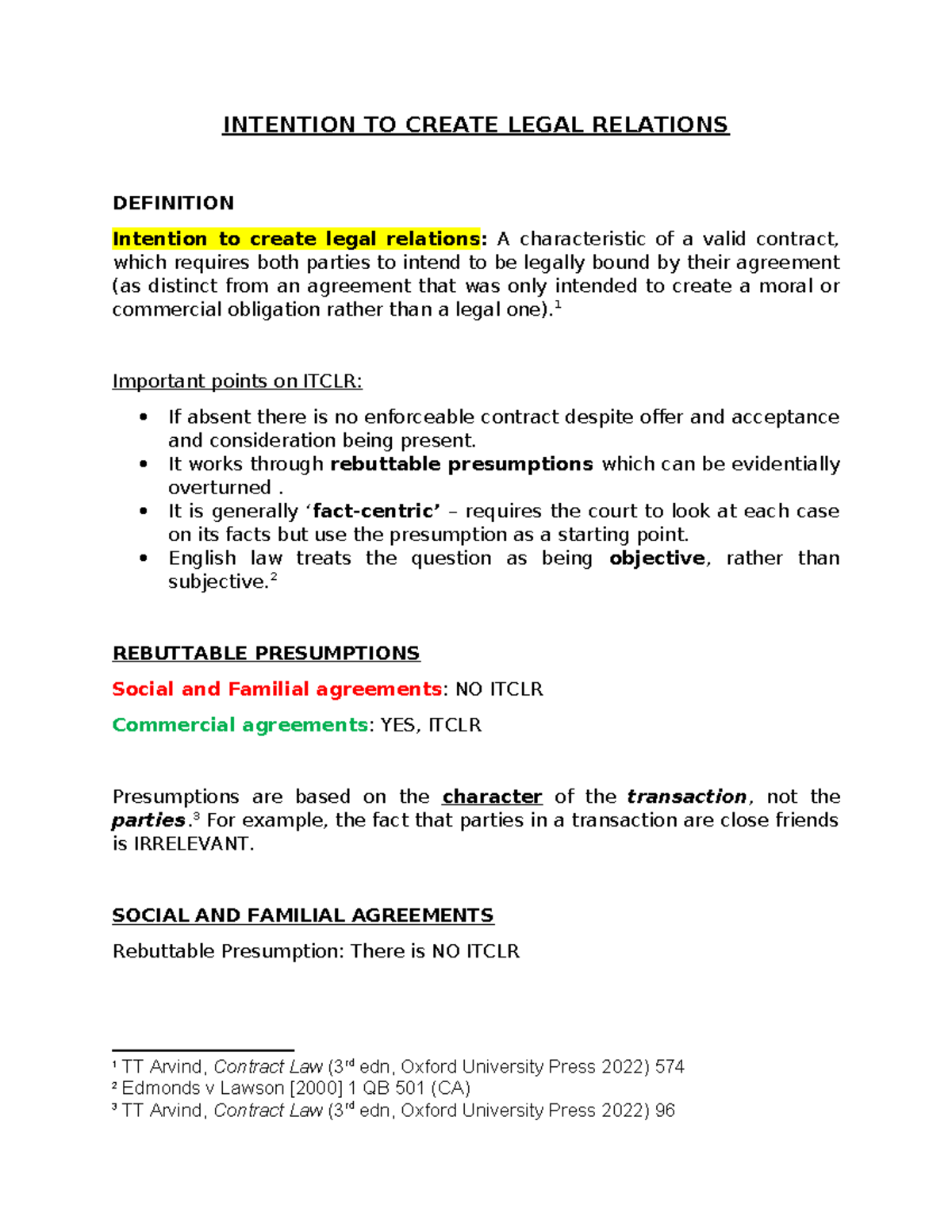Intention to Create Legal Relations Notes (ITCLR) - INTENTION TO CREATE ...