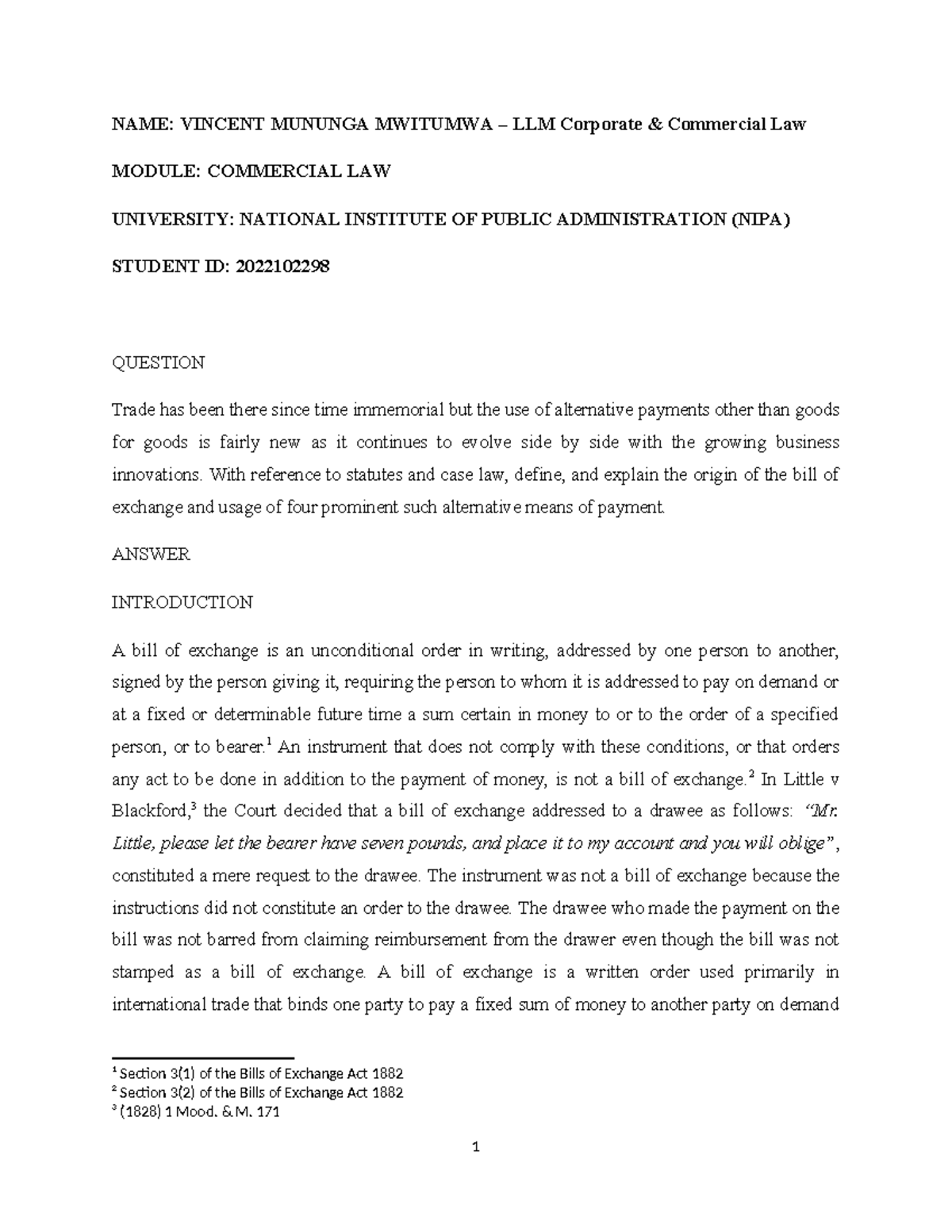 LLM Commercial Law: Bill of Exchange and Alternative Payments Essay ...