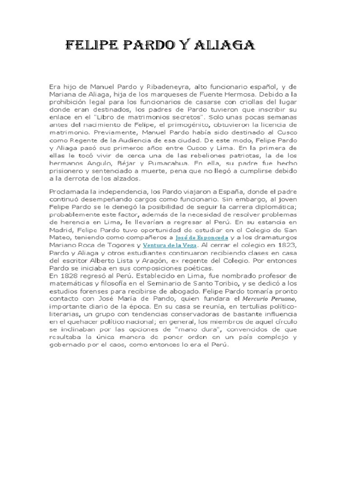 FELIPE PARDO Y ALIAGA: Resumen de su Vida y Legado - Studocu