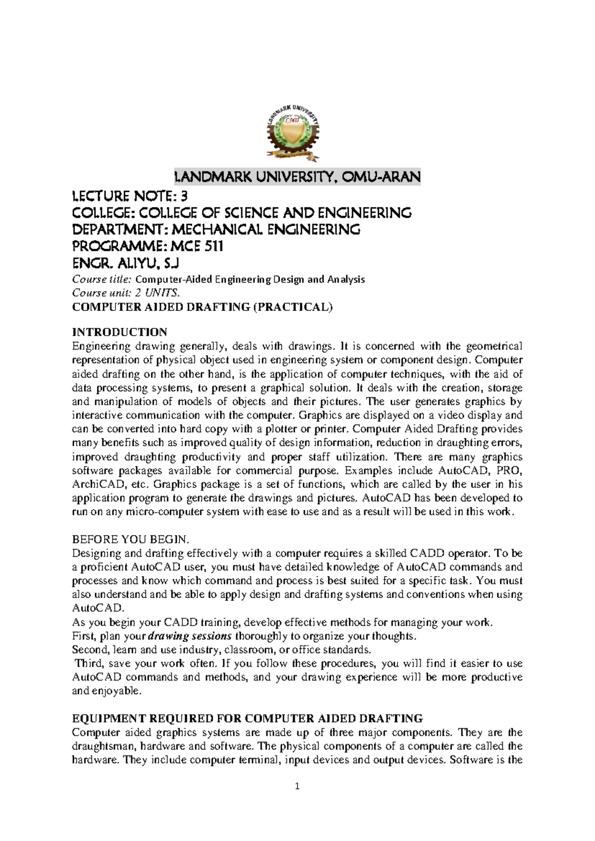 MCE 511 - Engineering Design & Analysis Lecture Notes - Studocu