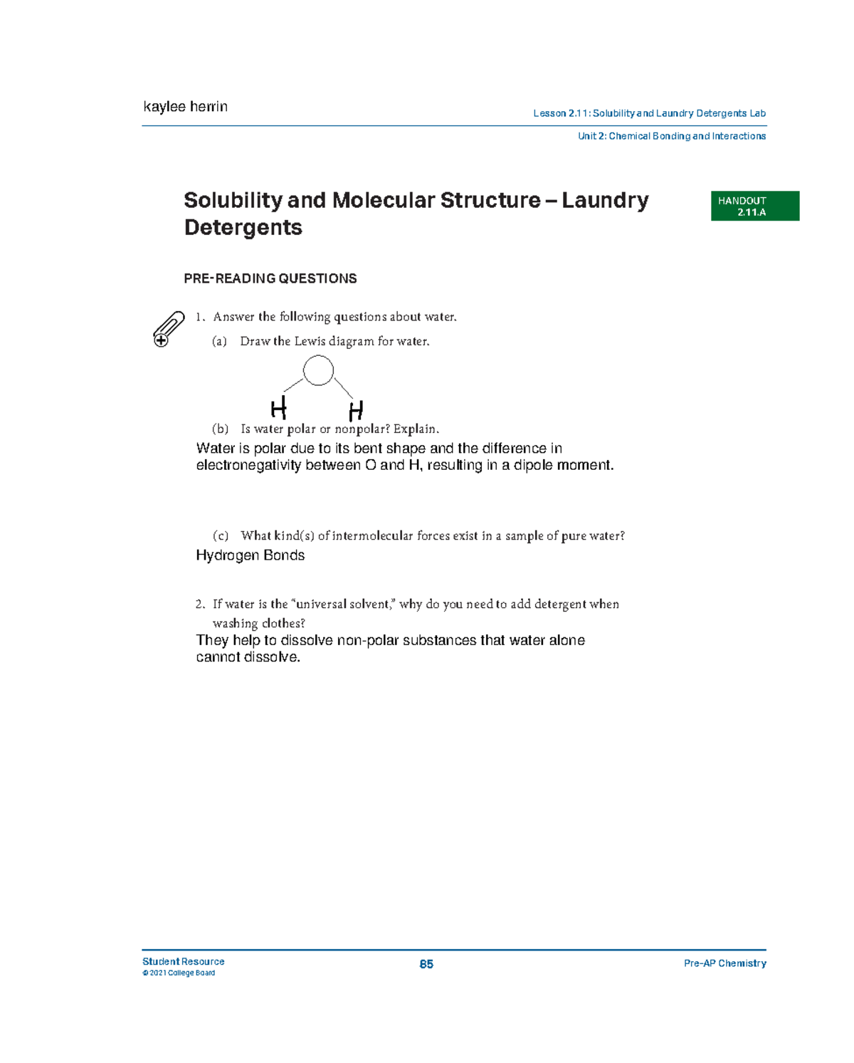Solubility & Molecular Structure: Pre-AP Chemistry 85 Handout 2.11 ...