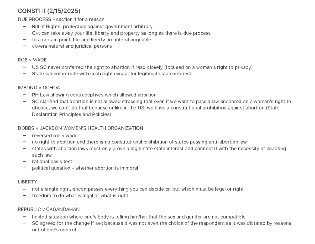 CONSTI II - Due Process & Bill of Rights Case Notes - Studocu