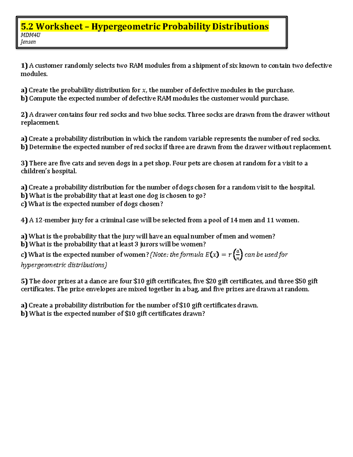 MDM4U Final Exam – Hypergeometric Probability Distributions Worksheet ...