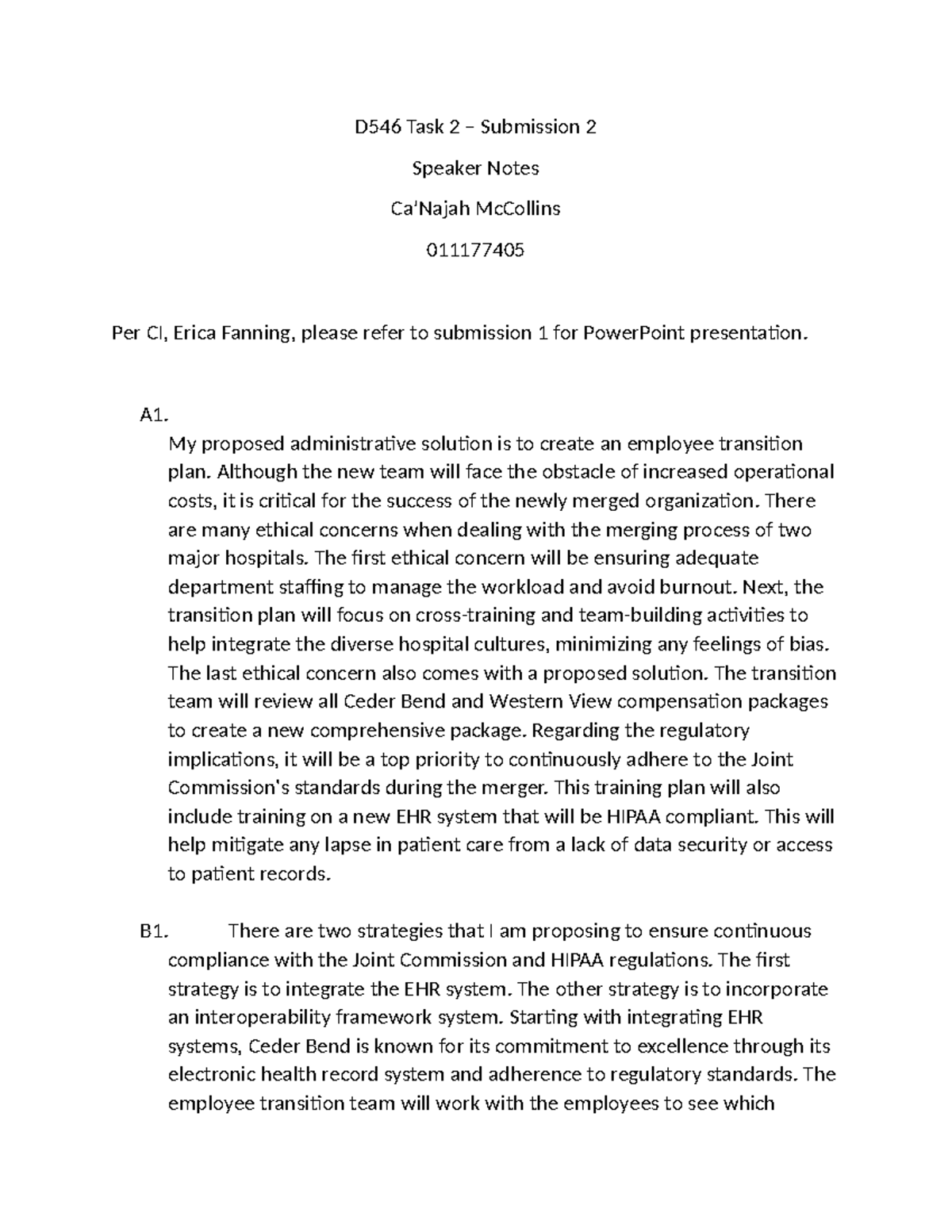 D546 Task 2 revision: Employee transition plan and EHR integration ...