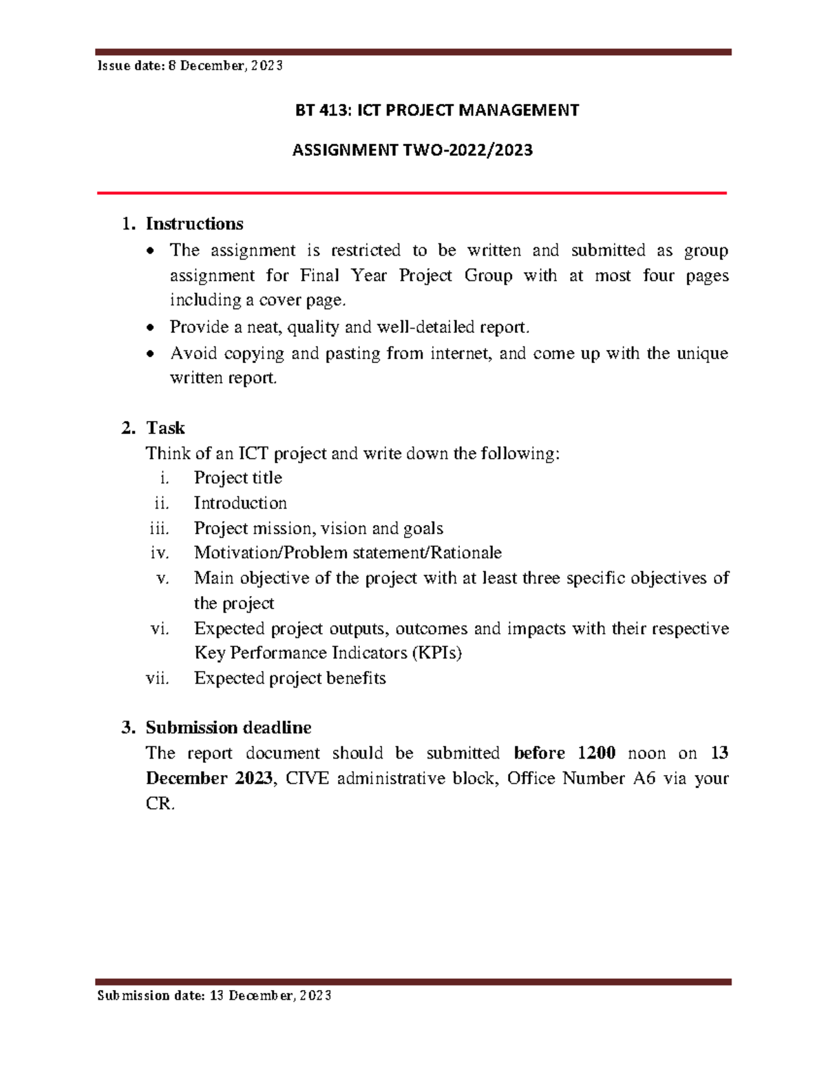 BT413 Assignment Two 2023 24 - Issue date: 8 December, 202 3 Submission ...
