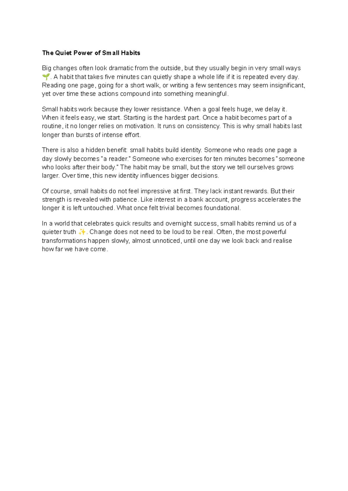 The Impact of Small Habits on Personal Growth - Studocu