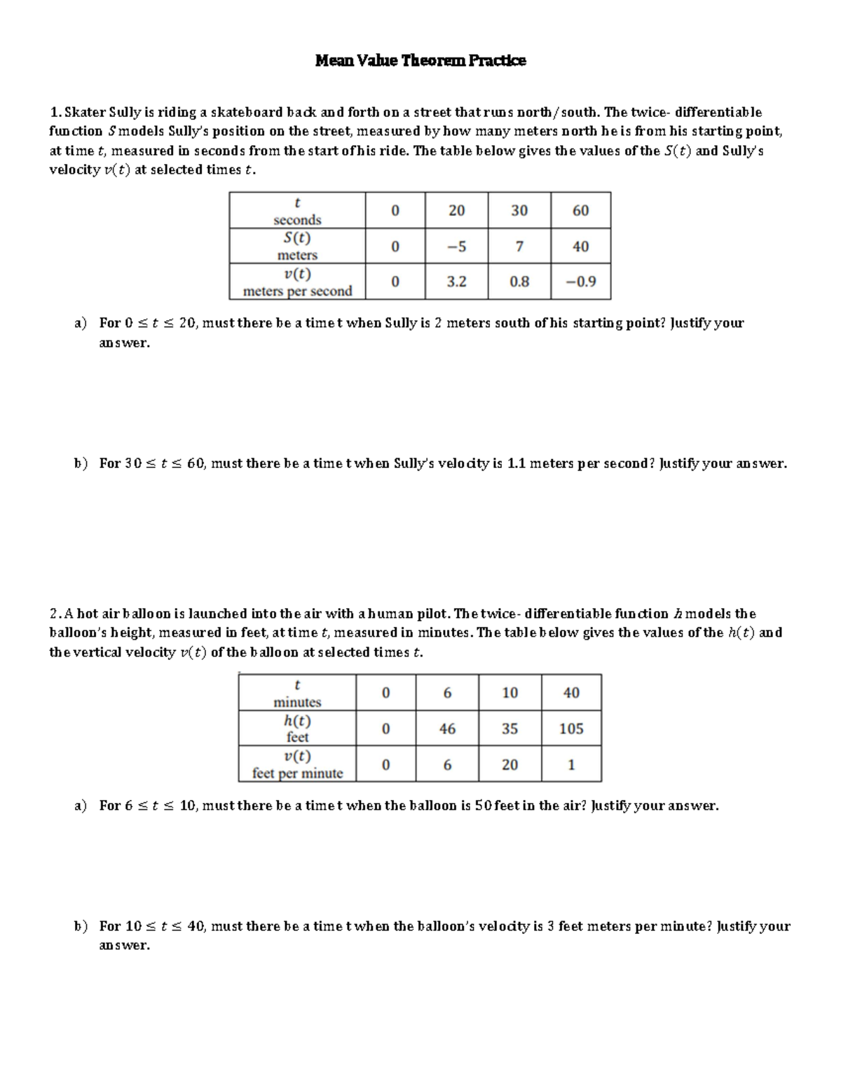 Mean Value Theorem Practice Worksheet on Position and Velocity Analysis ...