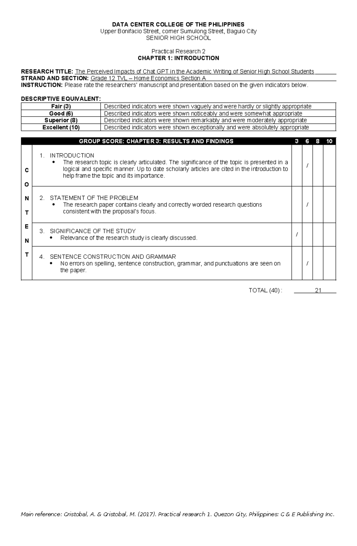 Practical Research 2 (Grade 12 TVL) Rubric for Chapter 1 Evaluation ...