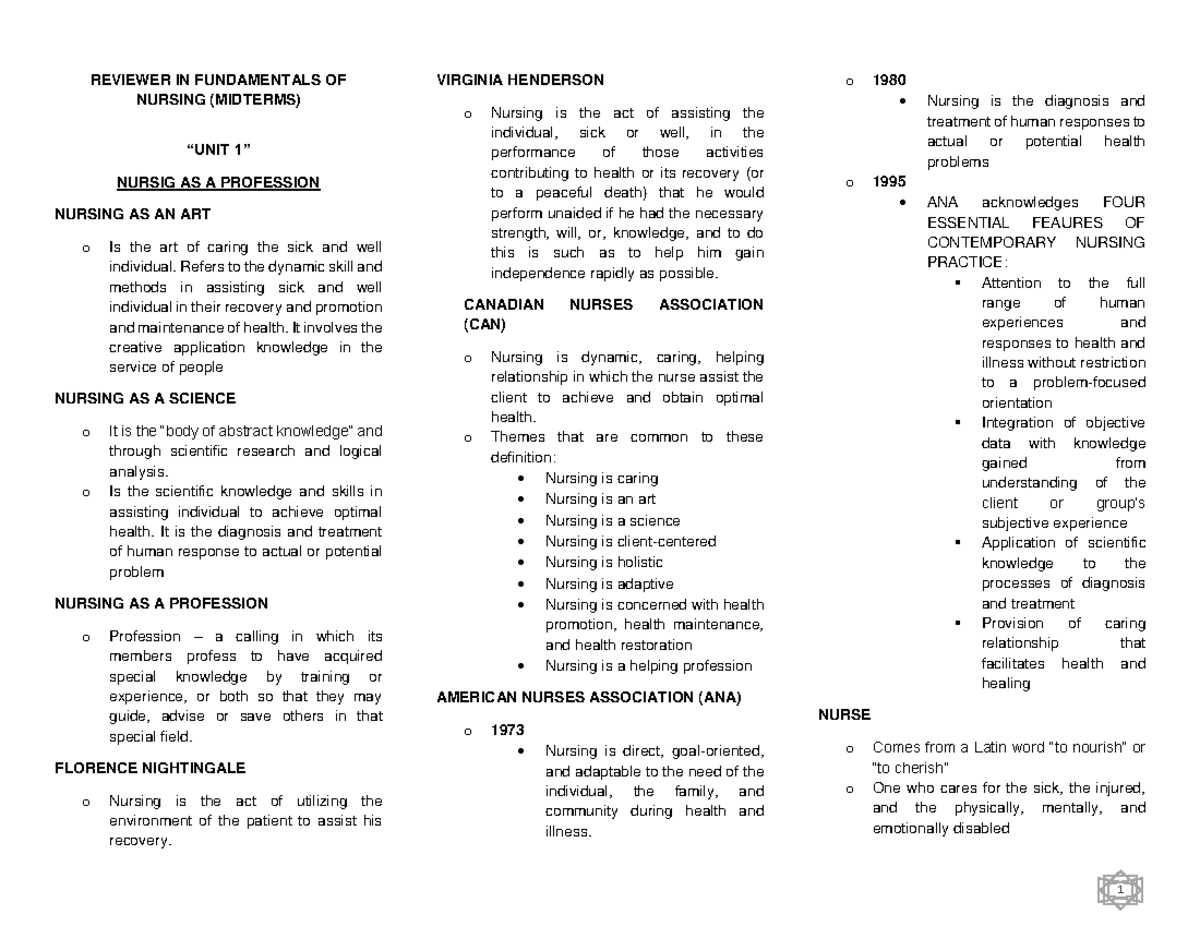 Midterm Reviewer in Fundamentals of Nursing (NURS 101) - Studocu