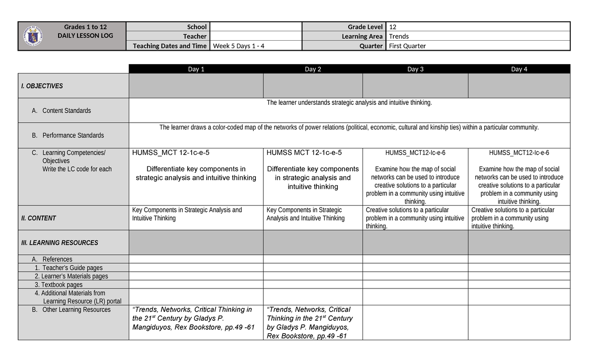 DLP HUMSS MCT Week 5: Key Components of Strategic & Intuitive Thinking ...