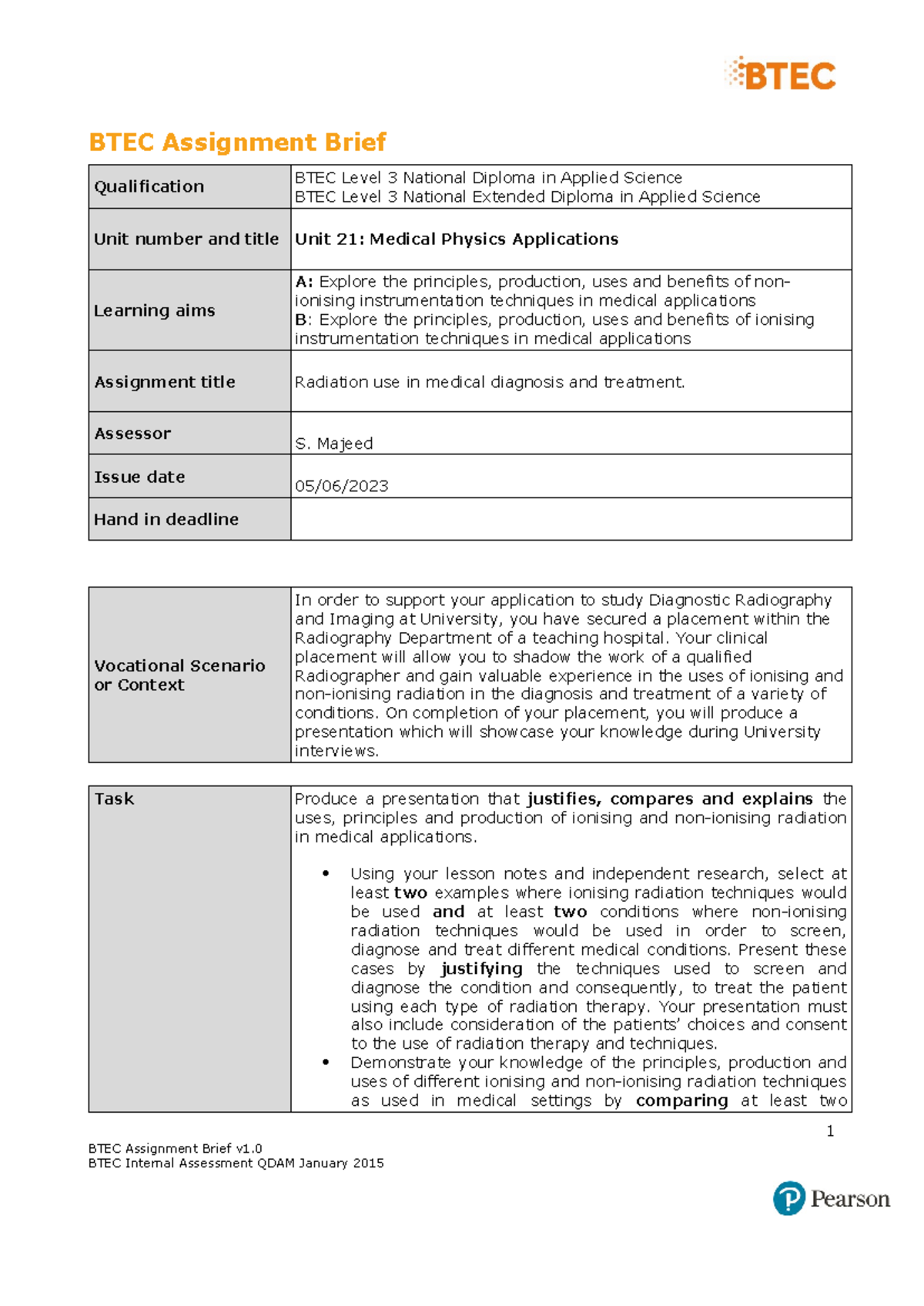 Unit 21: Medical Physics Applications - Assignment Brief (Learning Aims ...