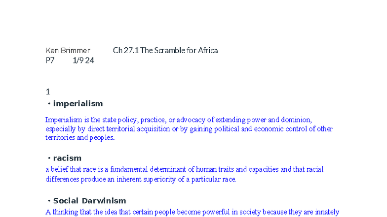 Ch 27.1 The Scramble for Africa: Imperialism & Social Darwinism - Studocu