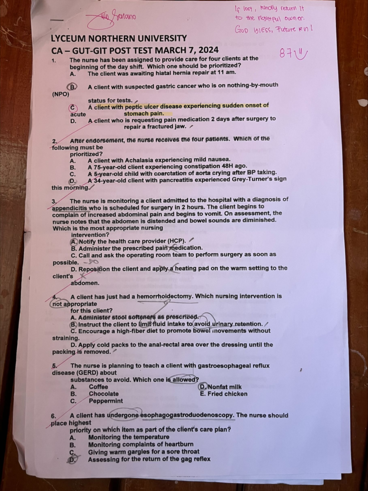 Gi gu post test - Gi post test - If lost kindly return It to the ...