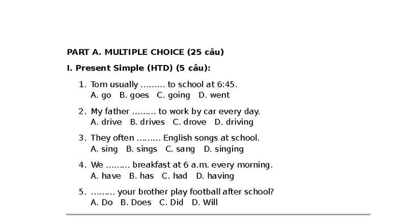 PART A2 - Multiple Choice & Fill in the Blanks Review (Tiếng Anh) - Studocu
