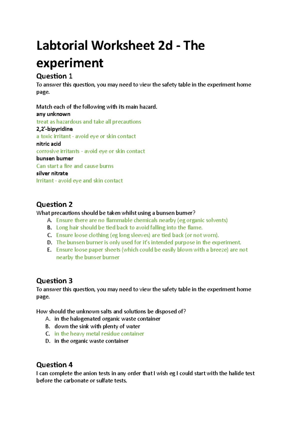 Lab Tutorial Worksheet 2d: Safety and Hazard Precautions Breakdown ...