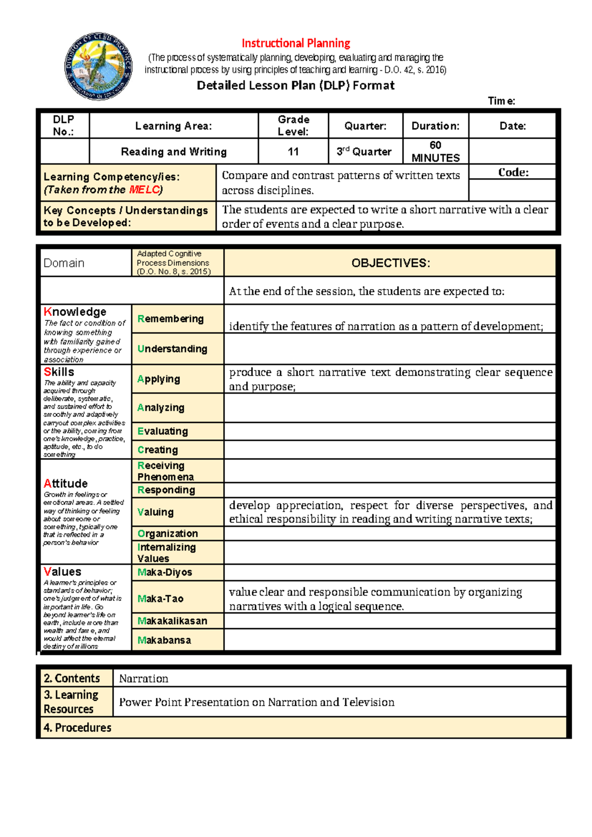DLP: Lesson Plan on Narration for Reading and Writing 11 - Studocu