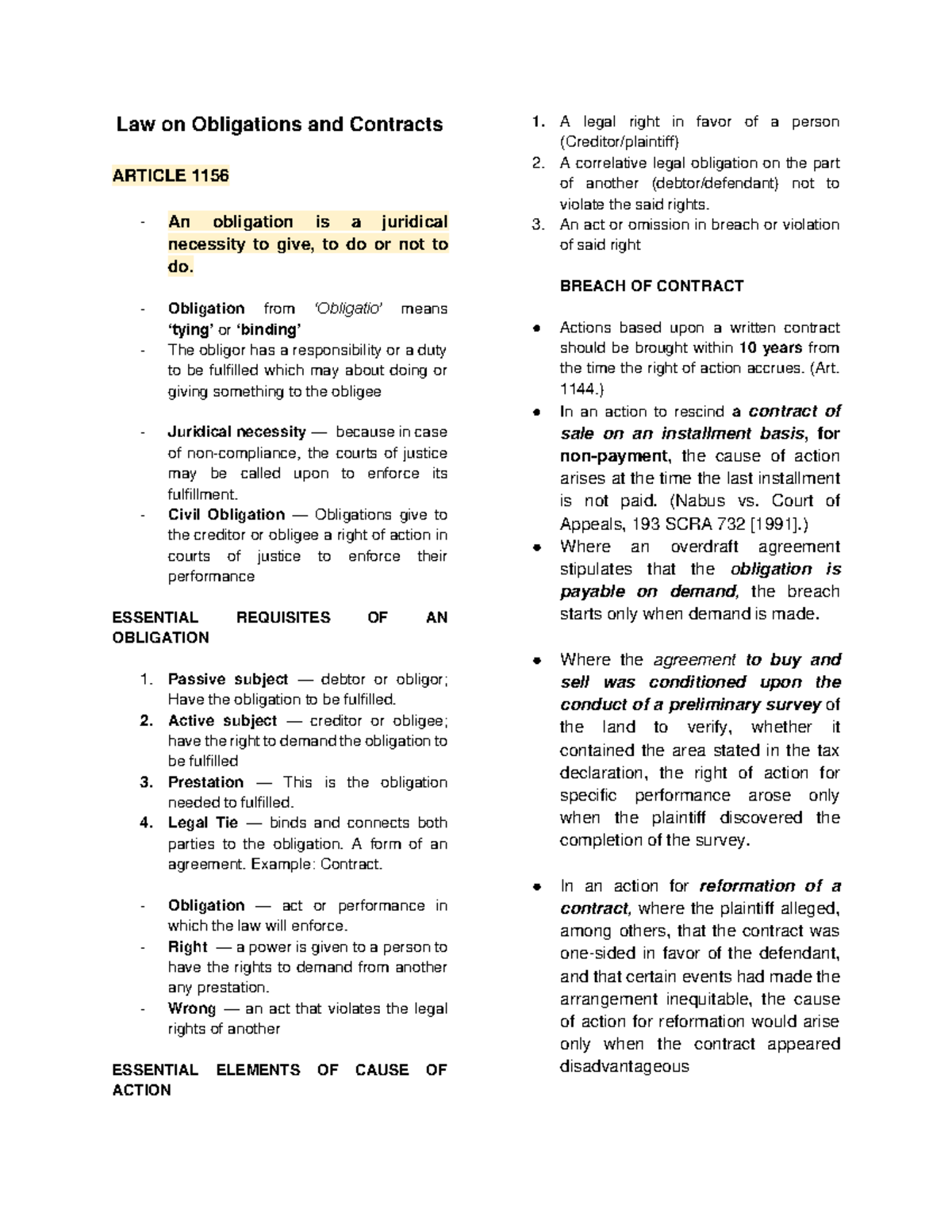 Oblicon Reviewer - Excerpt from the book of Law on Obligations and ...