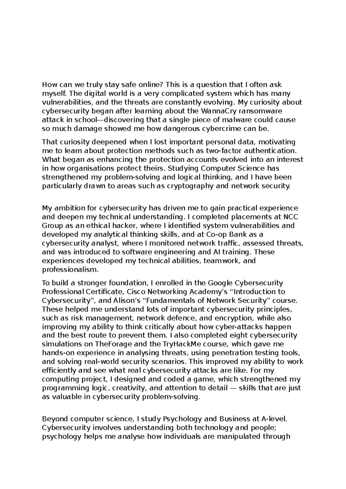 Final Personal Statement on Cybersecurity Journey - Studocu