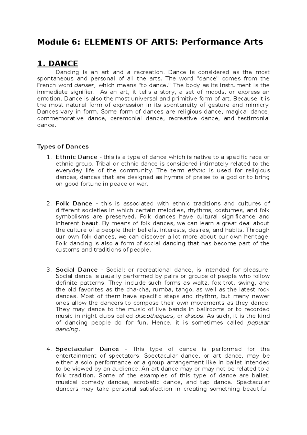 ART APP Module 6 - Exploring Elements of Performance Arts in Dance ...