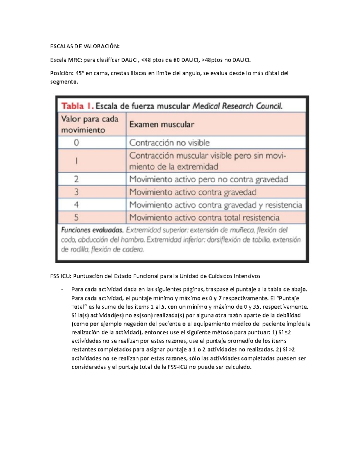 Escalas de Valoración UCI: MRC y FSS ICU - ART - Studocu
