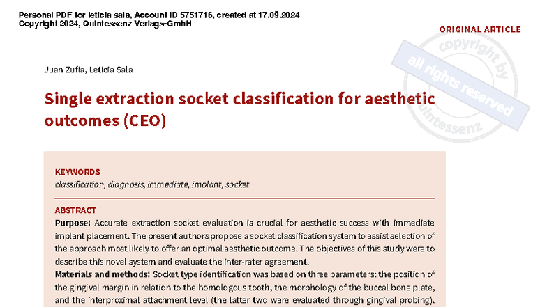Single Extraction Socket Classification for Aesthetic Outcomes (CEO ...